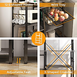 SUPERJARE Large Bakers Rack with Power Outlets, 6-Tier Microwave Stand, Coffee Bar with 12 S-Shaped Hooks, Kitchen Shelf with Wire Basket, 39.3 x 15.5 x 66.9 Inches, Charcoal Gray