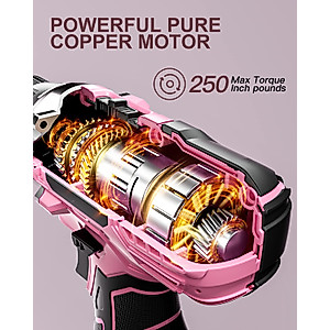Drill Set, OUBEL 12V Cordless Drill Pink with 42 Acessories, Pink Power Drill Cordless with 3/8" Keyless Chuck, Built-in LED, 2 Variable Speed, Pink Drill for DIY Home Projects, Around the House