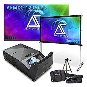 Akia Portable Projector with Screen Outdoor Projector and Screen Packages 16:9 123" CLR4 ALR Video Projector Screen Compatible with HDMI VGA USB HD for Backyard Home Built-in Battery, Speaker, Remote