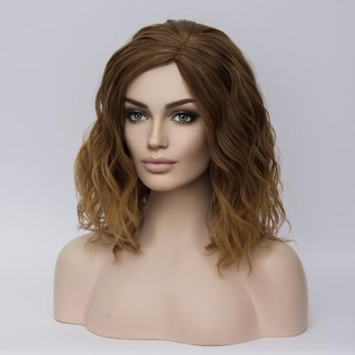 BERON Womens Brown Wig Short Curly Bob Hair Wig for Girls Brown Ombre Color Wavy Heat Resistant Synthetic Wig Body Wave Daily Hair Party Wigs