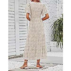 ZESICA Women's 2023 Summer Casual Floral Print Short Flutter Sleeve Crew Neck Smocked High Waist Flowy Maxi Dress,Beige,X-Large