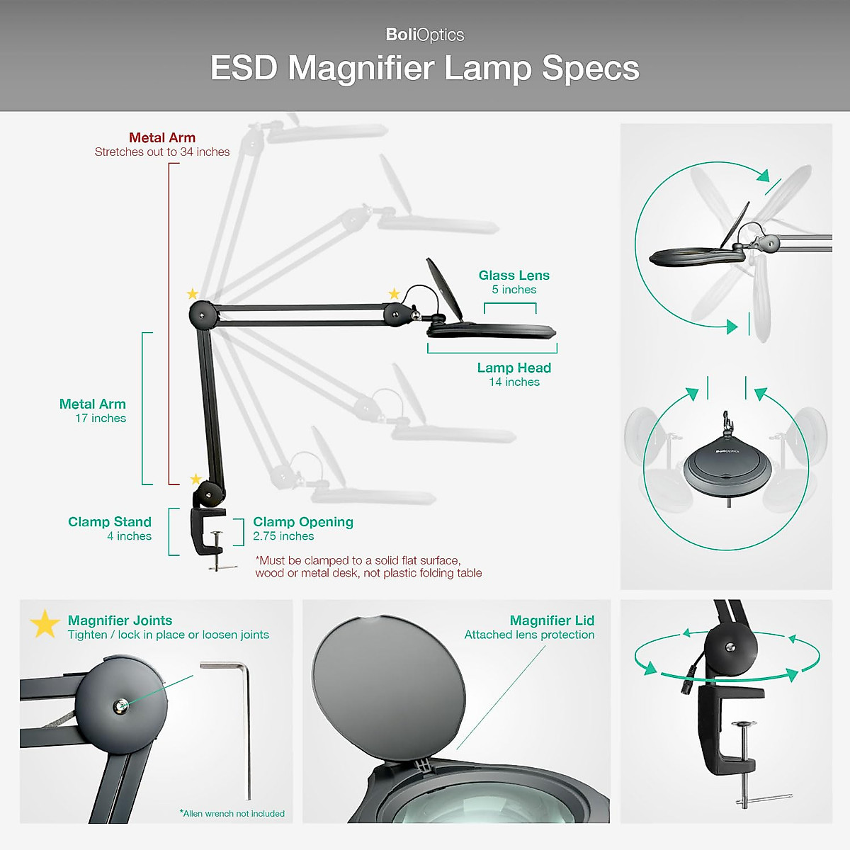 ESD Safe (Glass Lens) Professional LED Magnifying Lamp with Clamp (3 Diopter, 1.75X Magnification) Dimmable Work Light, Daylight Bright, 1200 Lumens 5600K-6000K, 60 SMD LEDs, BoliOptics MG16303222
