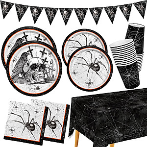 Spider Webs Halloween Party Supplies - Featuring Skull & Spider Themes, All-inclusive Wicked Web Paper Plates, Napkins, Cups, Tablecloth, and Banner. Ideal for Halloween Party Decorations, Serve 25 .