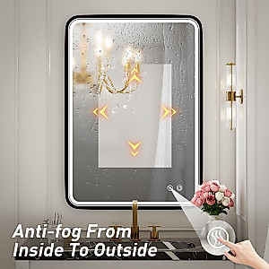 FTOTI 20X28 Inch LED Bathroom Mirror with Lights,Wall Mounted Lighted Mirrors with Non-Rusting Black Metal Frame Anti-Fog Memory Funtion Stepless Dimmable,6000K(Horizontal&Vertical)