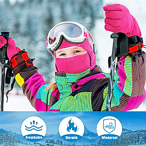 4 Pcs Kids Balaclava Ski Mask and Fleece Gloves Set Winter Hat Face Mask Warm Full Finger Glove for Boys Girls 8-12 Years Old (Black, Rose Red)