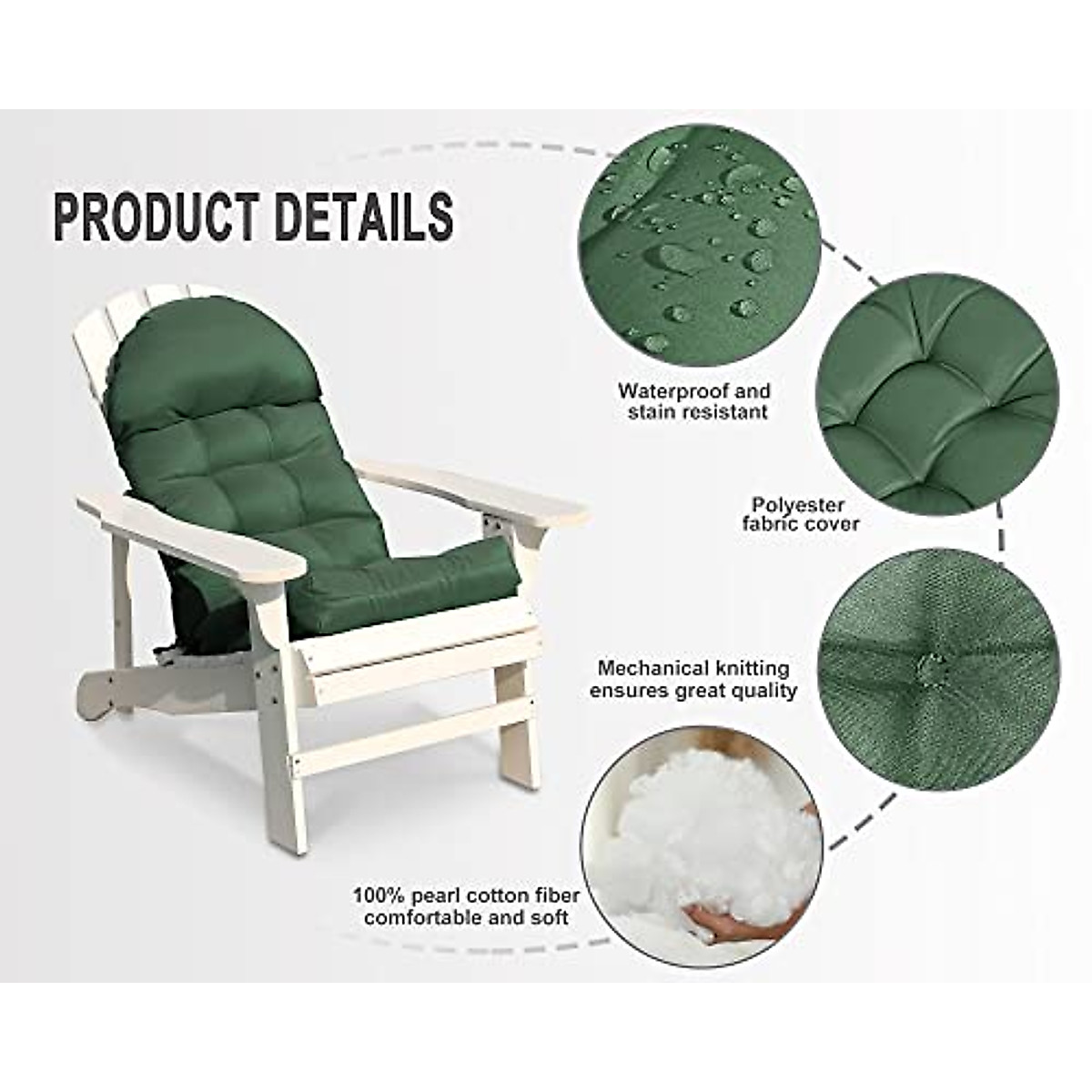 COSNUOSA Rocking Chair Cushion High Back Adirondack Chair Cushion Waterproof Patio Cushions for Outdoor Furniture Dark Green