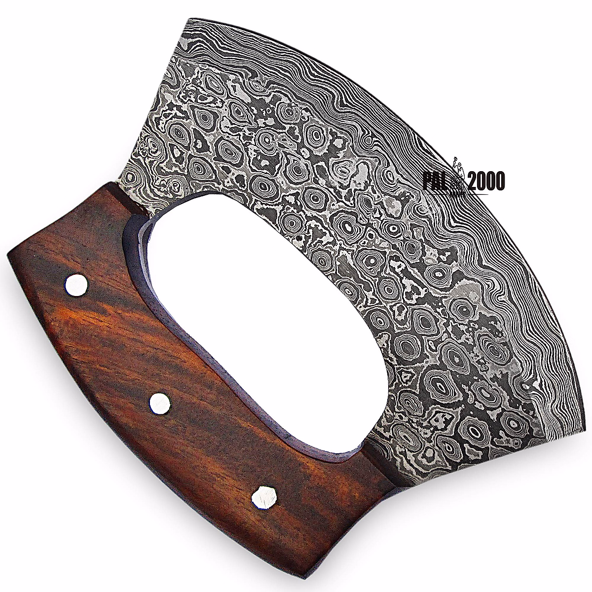 Knives - Alaskan Ulu - Mezzaluna Ulu Knife - Pizza Cutter Ulu - Traditional Ulu - Handmade Damascus Steel - Wood Handle - Ulu Knife - Vegetable Chopping Ulu - Crescent Blade (9891)