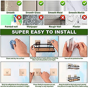 Keebofly Shower Caddy Bathroom Shower Organizer Shelf with Hooks,2 Pack,Shower Rack Self Adhesive Hanging,Rustproof Bamboo Basket,No Drilling Shower Storage Holder for Bathroom Shower Kitchen Black