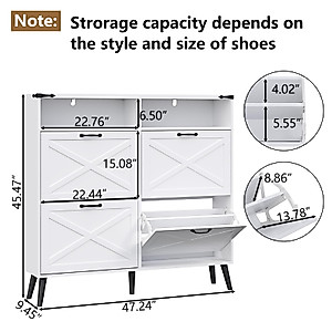 Loomie Shoe Cabinet with 4 Flip Drawers, Farmhouse Shoe Storage Cabinet with 2 Open Cubbies, Freestanding Narrow Hidden Shoe Rack Organizer with Solid Wood Legs for Entryway, Hallway (White)