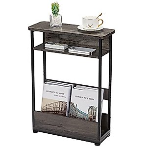 Vintage Narrow Side Table with Storage Shelf, 3 Tier Slim End Table Modern Sofa Table for Narrow and Small Spaces, Bedside Table Small Nightstand with Magazine Rack/Grey, 7.1D x 18.1W x 24.6H inch