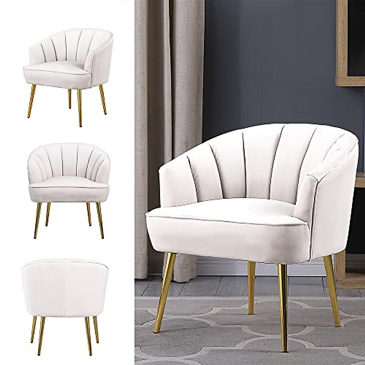 Morden Fort Velvet Barrel Club Chair Accent Armchair with Golden Legs for Living Room Bedroom Home Office Conner, White