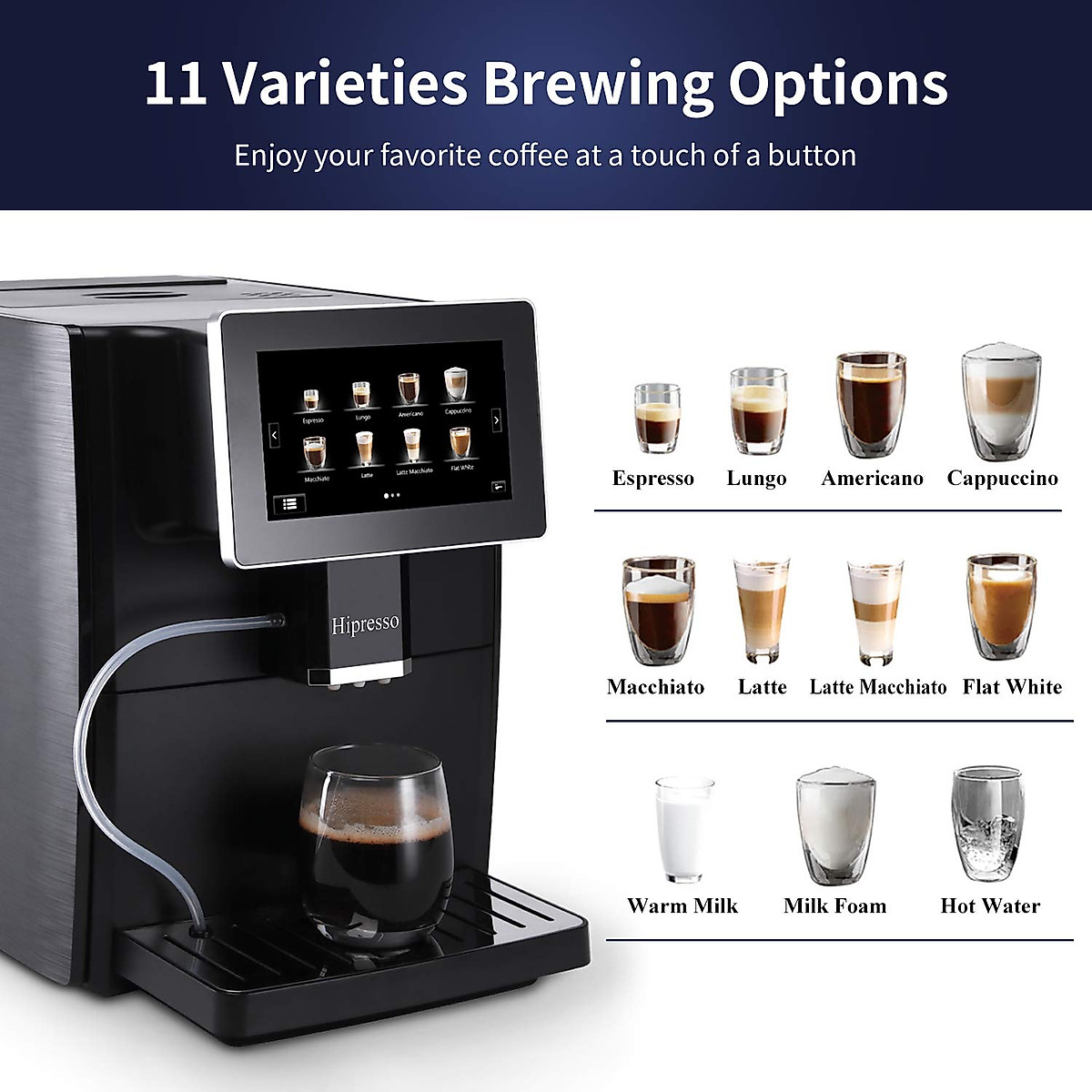 Hipresso Super Fully Automatic Espresso Coffee Machine-7" HD TFT Touchscreen with Milk Frother 19 Bar Pressure