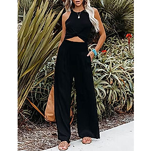 Zontroldy Cotton Linen Wide Leg Palazzo Beach Pants for Women Casual Elastic High Waist Smocked Lounge Pants(0628-Black-1-XL)