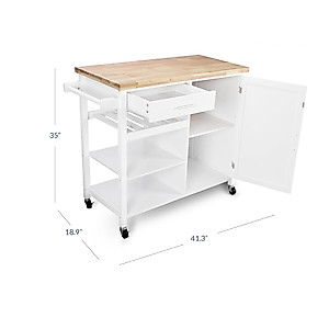 BELLEZE Modern Rolling Kitchen Island Utility Cart with a Drawer, Storage Cabinet, Handle Towel Rack, Rubber Wood Top, and Caster Wheels - Sonoma (White)