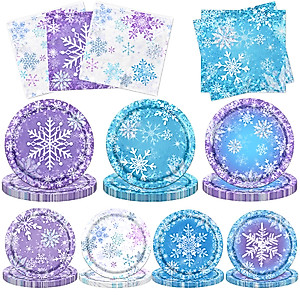 Frozen Plates and Napkins-61Pcs Winter Wonderland Snowflake Tableware for Christmas Winter Holiday,Birthday,Baby Shower