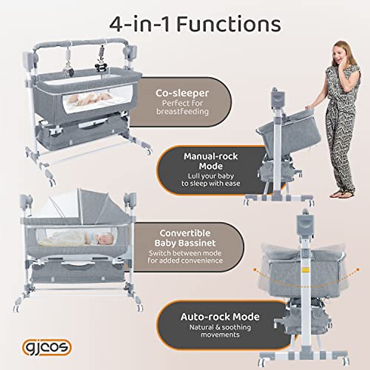 GJCOS Electric Rocking Bedside Bassinet (Grey) - 4 in 1 Automatic Swaying Mesh Baby Bassinet Bedside Sleeper with 5 Swing Motions, 3 Timer Setting & Bluetooth Music Control - Co Sleeper Bassinet