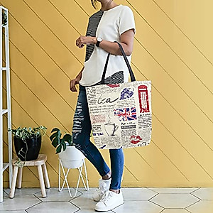 ALAZA Newspaper British Flag Retro Canvas Tote Bag for womenLarge Women Casual Shoulder Bag Handbag,Shopping Grocery Cotton Bag Reusable,Multipurpose,Heavy Duty For Outdoors Weekender Travel