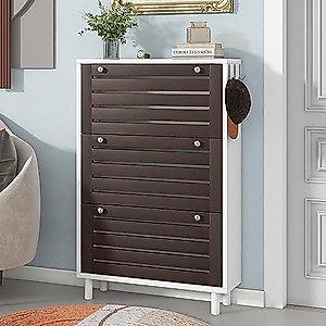 Narrow Shoe Cabinet with 3 Flip Drawers for 24 Pairs Shoes, Natural Wood Top Entryway Organizer with 3 Hooks, Free Standing Shoe Rack with Adjustable Panel for Hallway, 31.5''x9.4''x47.6'',White&Brown