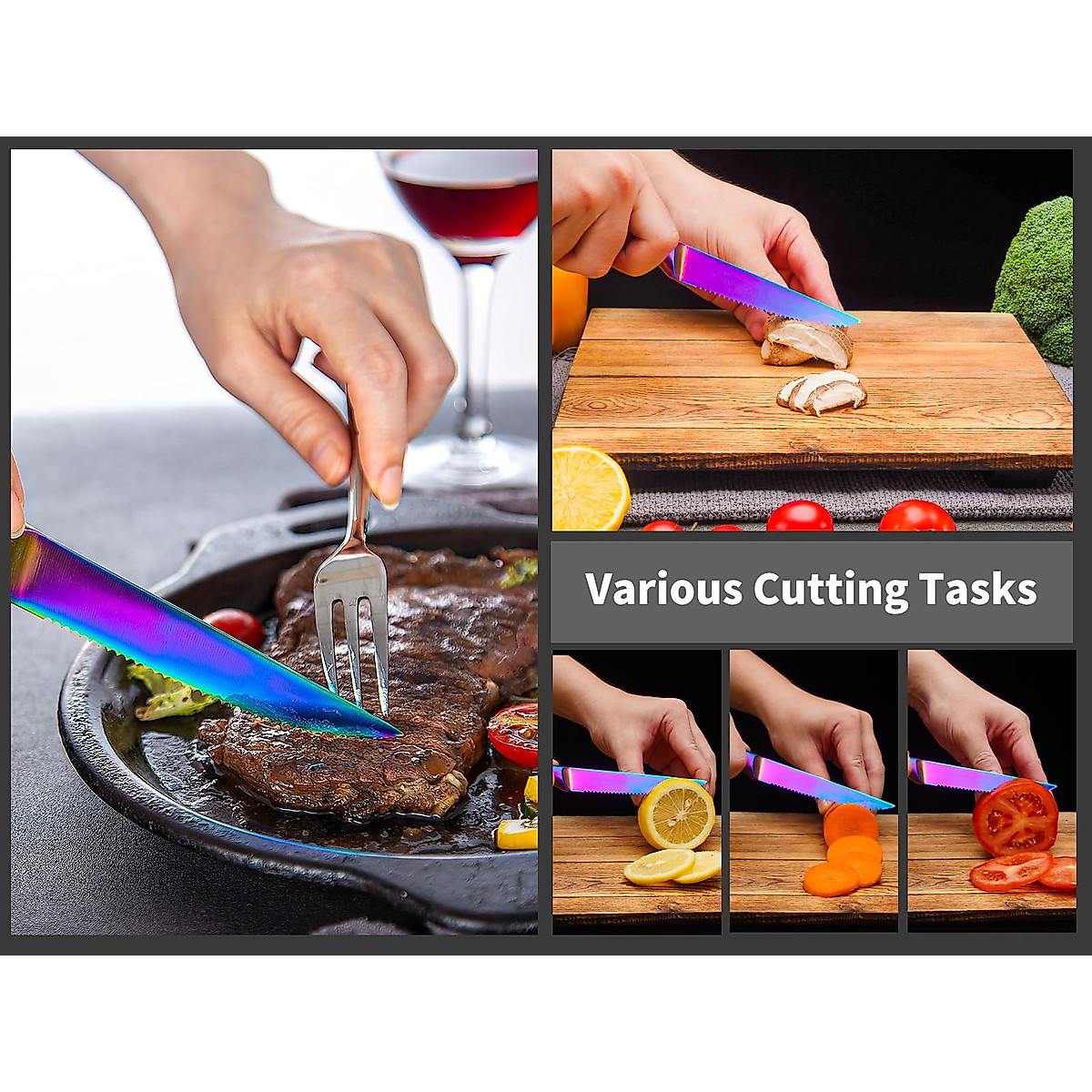 Rainbow Serrated Steak Knife 4 Piece Set, German High Carton Stainless Steel Blade for Home Restaurant