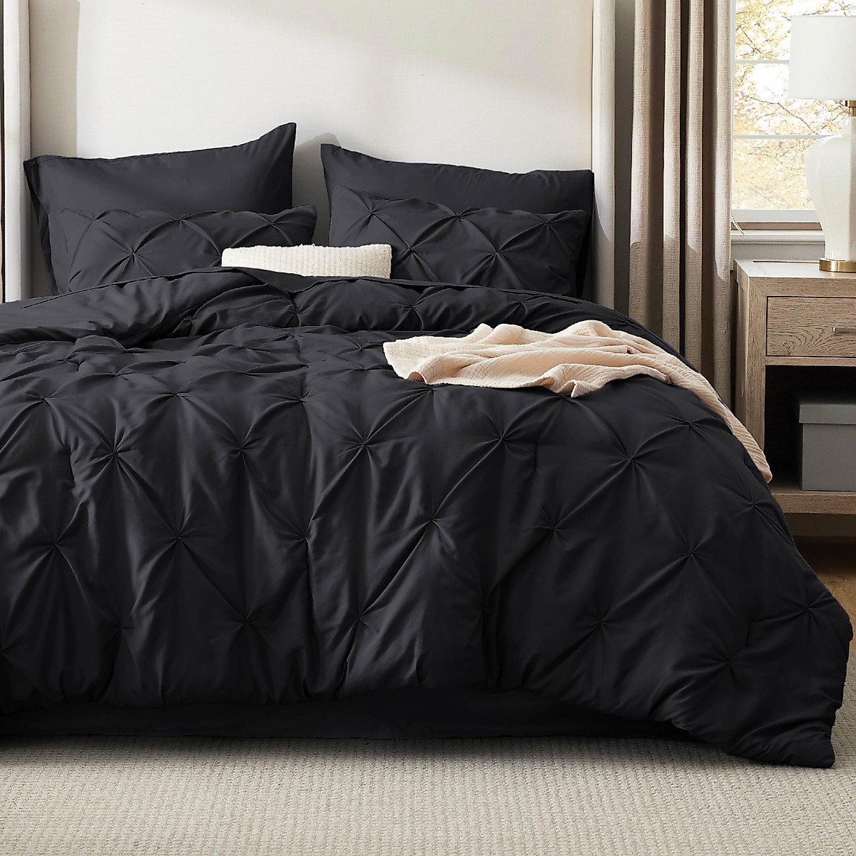 Bedsure Full Comforter Set Black - Bed in a Bag Full Size 7 Pieces, GentleSoft™ Pintuck Bed Set Gift for Family, Pinch Pleat Black Comforter with Sheets, Pillowcases & Shams