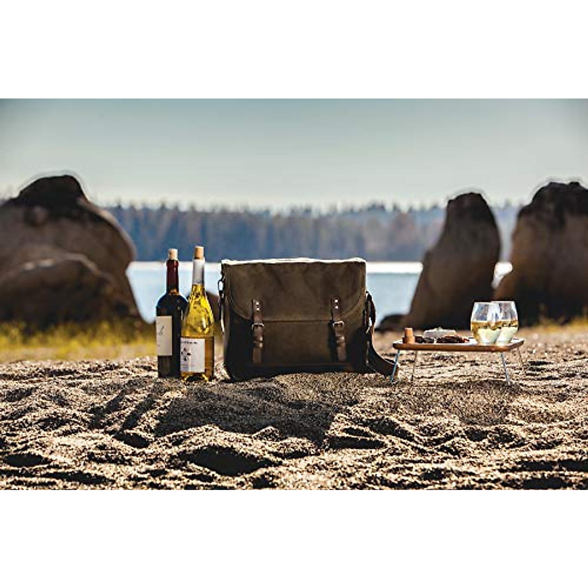 LEGACY - a Picnic Time Brand Adventure Wine Tote Glasses and Mini Table, 2 Bottle Picnic Bag, (Khaki Green with Brown Accents)