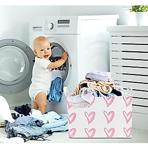 CLOCOR Rectangular Pink Storage Basket Empty,Heart Print Basket for Kids,Waterproof Storage Basket with Handles,Gift Basket(Pink Heart)