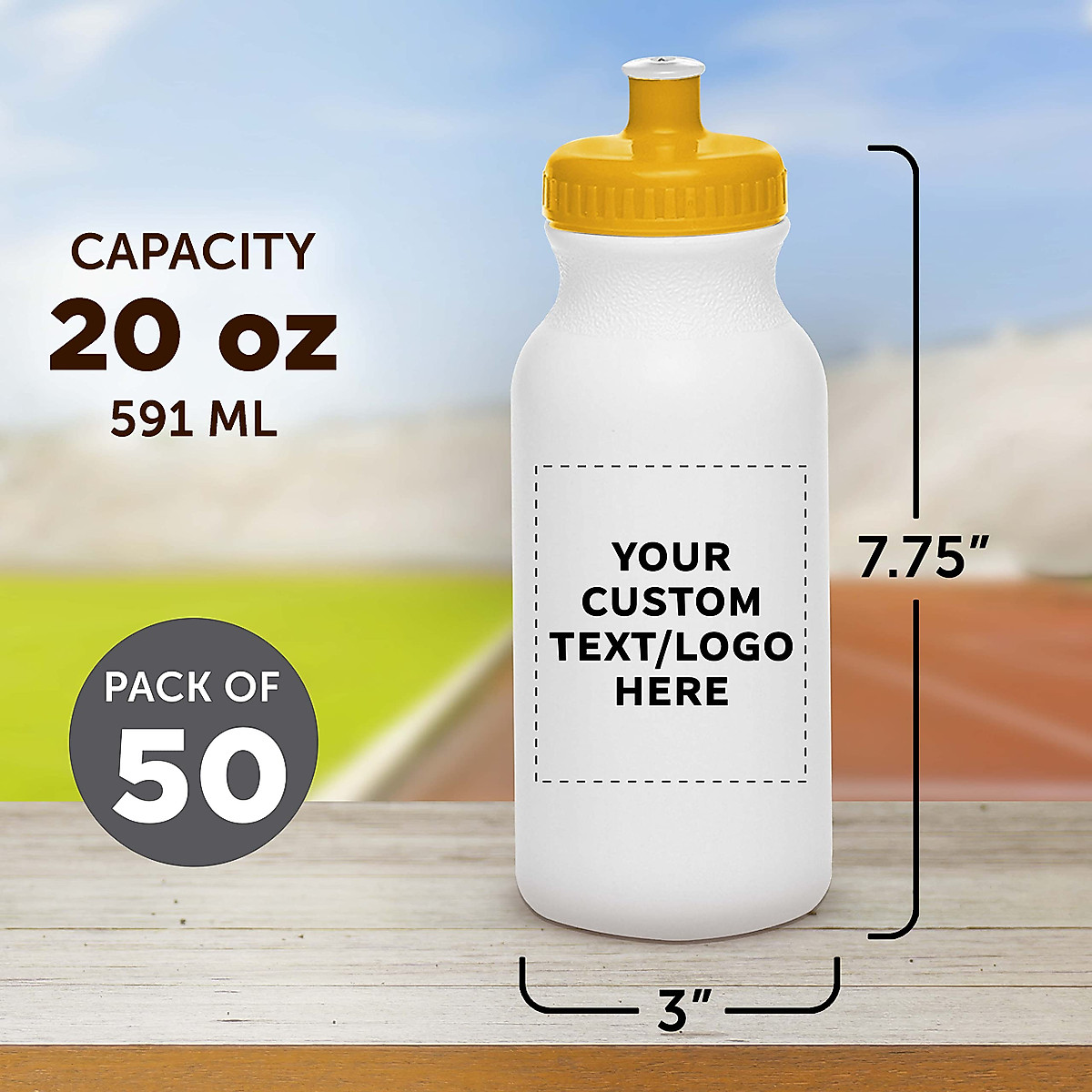 DISCOUNT PROMOS Custom White Water Bottles with Push Cap -50 pack, Customizable Text, Logo, 20 oz, Reusable BPA FREE Squeezable Bottles in Bulk - White Yellow