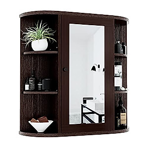 MEETWARM Bathroom Cabinet Wall Mounted Multipurpose Hanging Cupboard Kitchen Medicine Storage Organizer with Mirror Single Door and 2 Adjustable Shelves (Coffee)