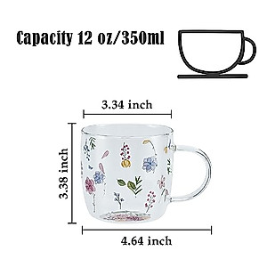 Koythin Flowers Coffee Glass Mug, Cute Espresso Cup, Drinking Glasses Breakfast Cups with Handle, 12oz Perfect for Coffee Juice Tea Latte Cappuccino (Green Leaf Pink Flower)