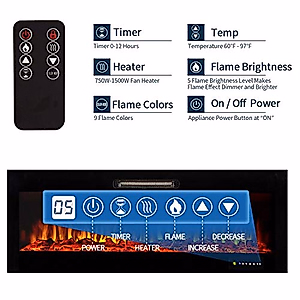 Homedex 50" Recessed Mounted Electric Fireplace Insert with Touch Screen Control Panel, Remote Control, 750/1500W, Log/Crystal Options