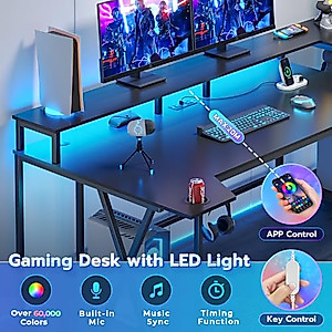SEDETA Gaming Desk 70.8'' with LED Lights and Storage Shelves, Computer Desk with Monitor Stand, Power Outlets and Cup Holder, Large PC Gamer Desk, Gaming Table for Bedroom, Living Room, Black