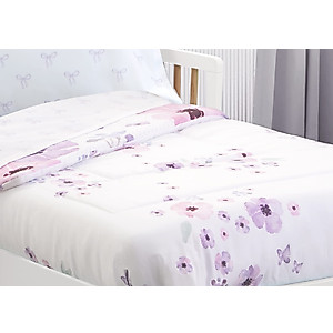 Delta Children 4 Piece Toddler Bedding Set for Girls - Reversible 2-in-1 Comforter - Includes Fitted Comforter to Keep Little Ones Snug, Bottom Sheet, Top Sheet, Pillow Case - Purple Bouquet