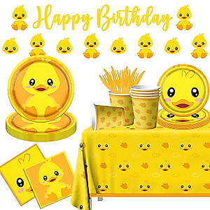 Rubber Duck Party Supplies,Happy Birthday Duckie Tableware Set Duck Plates Yellow Baby Shower Napkins Cups for Waddle It Be Gender Reveal Party,One Lucky Duck Birthday Decorations