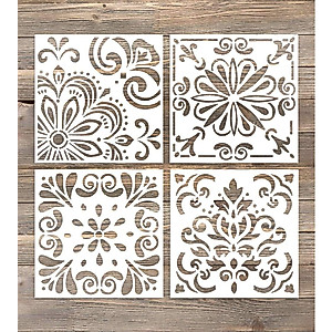 GSS Designs Pack of 4 Stencils Set (6x6 Inch) Laser Cut Painting Stencil Floor Wall Tile Fabric Wood Stencils -Reusable Template (SL-006)