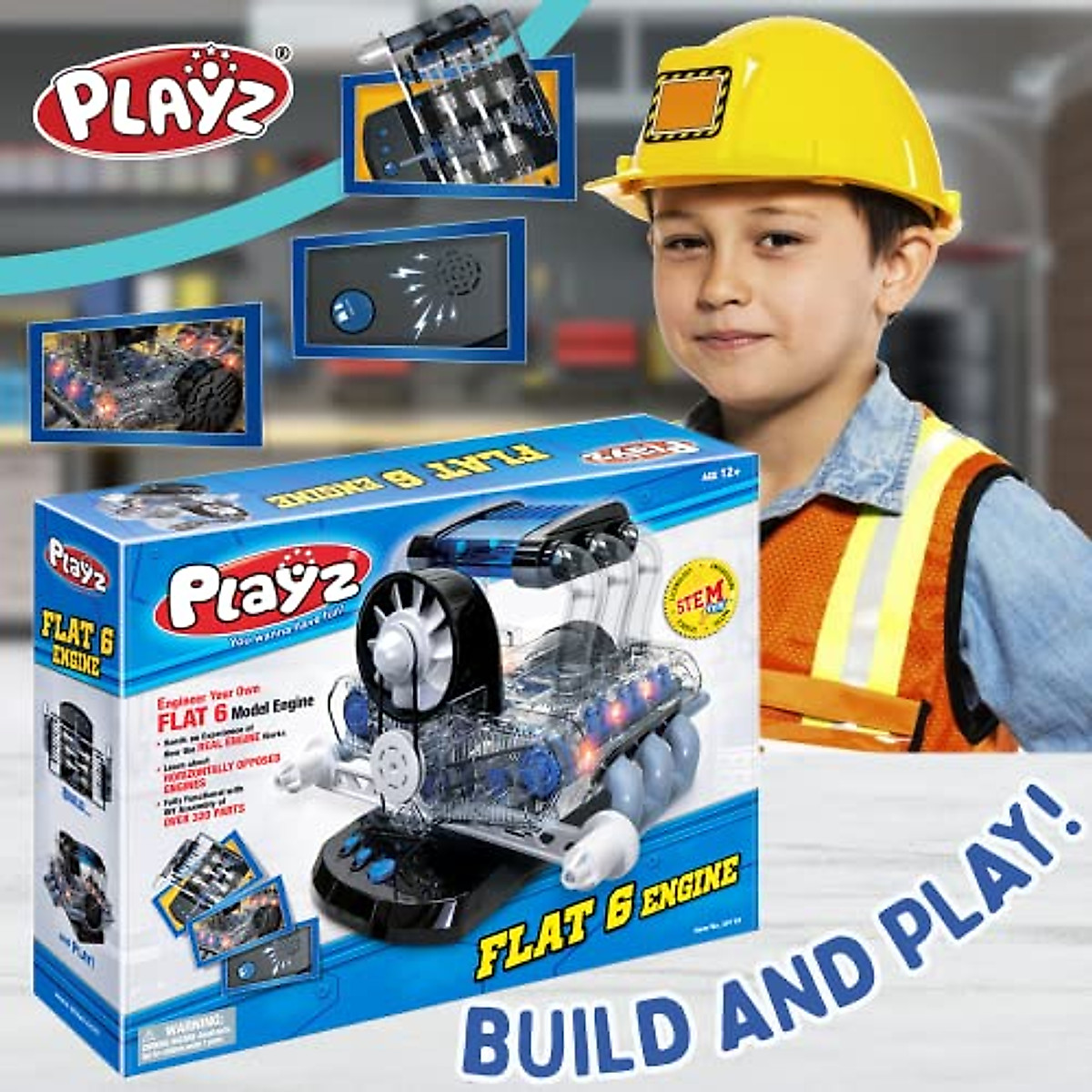 Playz Flat 6 Model Engine Building Kit - 320+ Pieces Revved-Up Internal V8 Style Combustion to Build Your Own Mini Engine That Works - DIY STEM Project & Gift for Kids, Teens, & Hobby Kit for Adults