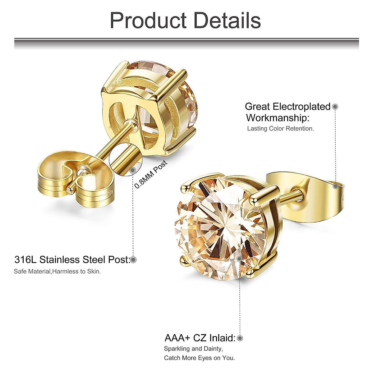 FIBO STEEL 4 Pairs Stainless Steel Stud Earrings for Men Women Ear Piercing Earrings Cubic Zirconia Inlaid,3-8 mm (Round 5mm)