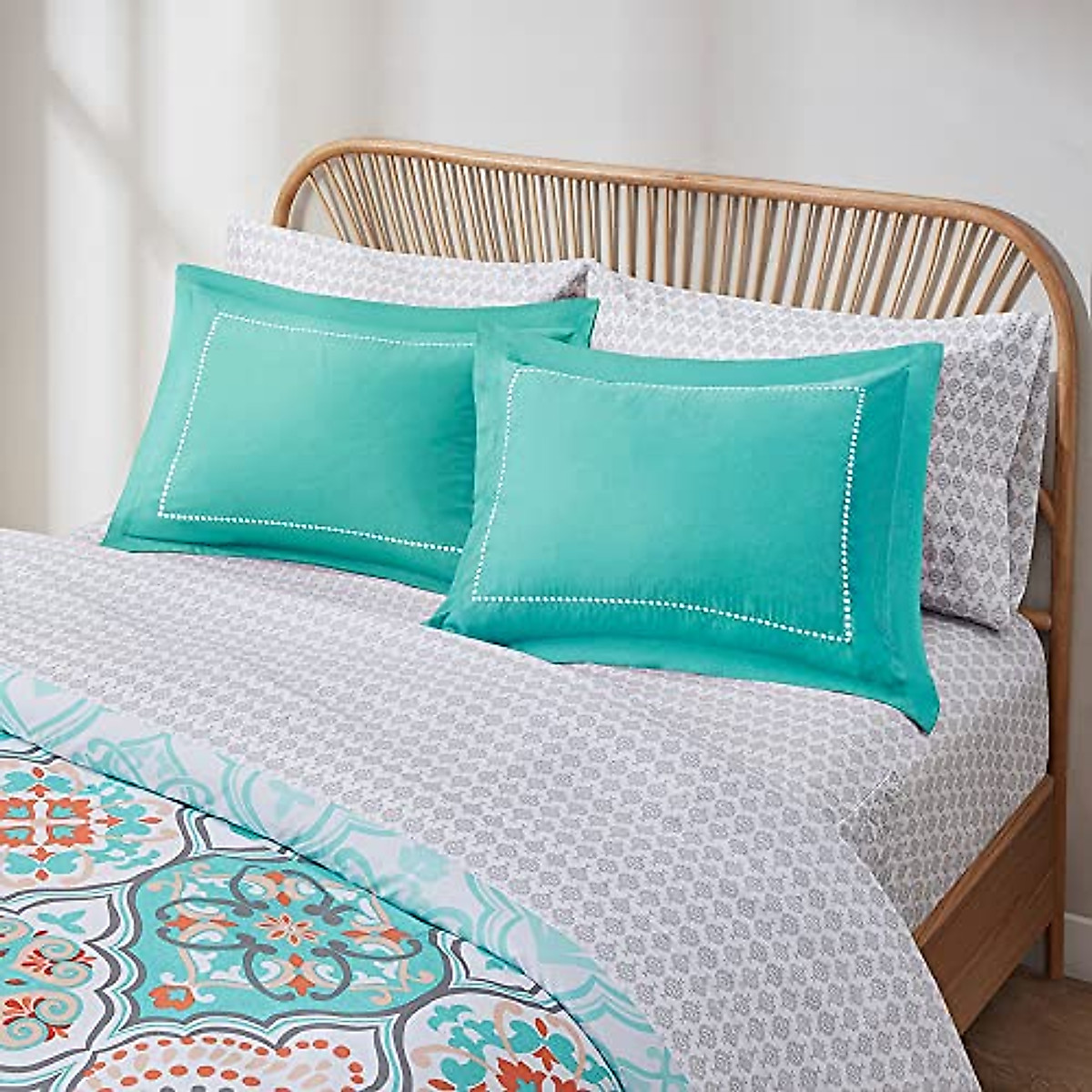 Degrees of Comfort Full Size Bed in A Bag,Aqua Boho Complete Comforter Set, Microfiber Bedding Sets with Side Pockets,Matching Decorative Pillow, 8 Piece