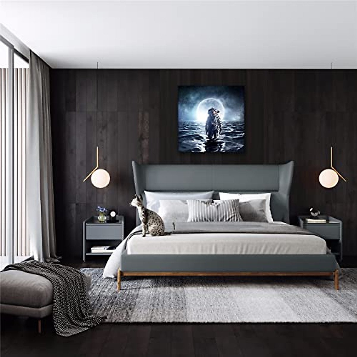 Moon Painting Astronaut Wall Art - Framed Spaceman Print Decoration 12 x 12 Inches Inspirational Outer Space Canvas Picture Bright Moonlight Poster Modern Planet Artwork For Bedroom Living Room Decor