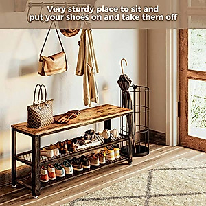 Rolanstar Shoe Bench, 3-Tier Shoe Rack, 39.4” Storage Entry Bench with Mesh Shelves Wood Seat, Rustic Foyer Bench for Hallway Front Door, Doorway, Living Room, Mudroom, Steel Frame, Rustic Brown