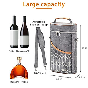 BABEYER 2 Bottles Wine Tote Bag Insulated Wine Cooler Carrier for Wine Tasting, Party, Travel, Beach, BYOB Restaurant, Sport Events, Wine Gifts for Women Wine Lovers-Grey