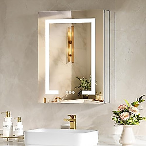 ROOMTEC LED Lighted Medicine Cabinet with Mirror 20"*26",Bathroom Mirror Cabinet with Lights, Outlet and USB, Recessed or Wall Mounted, Adjustable Shelf, 3-Color, Dimmer, Anti-Fog