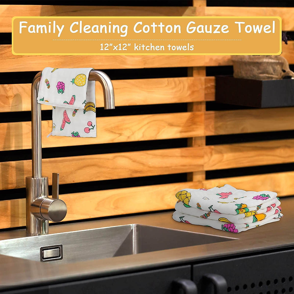 GIELYPANO 100% Cotton Absorbent Kitchen Dish Towels Set of 3,Gauze Kitchen Hand Towels, Ultra Soft Dish Towels Dish Cloths, Quick Drying Dish Rags - 12 x 12 Inches, 3 Pack (Fruit)