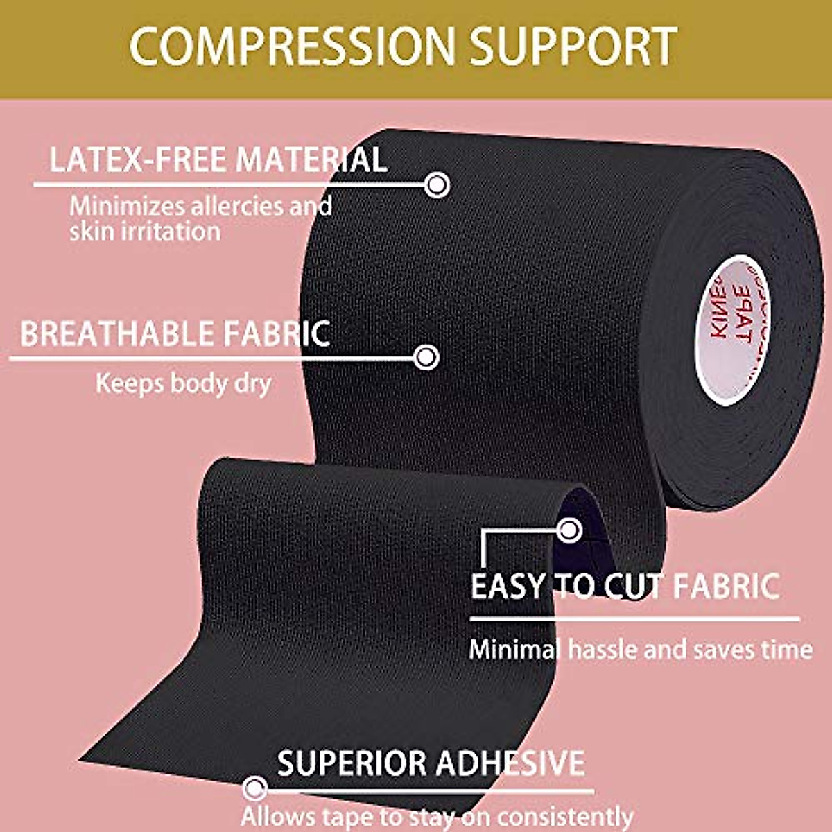 Gsbomzap 3 Pack Kinesiology Tape, Waterpoof Muscle Support Adhesive Sport Tape for Pain Relief, Latex Free Cotton Elastic Athletic Tape for Joints, Knee, Ankle, Shoulder, Wrist - Black 3in 5.5yd