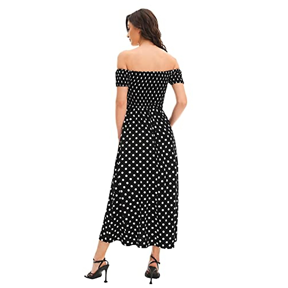 Floerns Women's Boho Floral Print Off Shoulder Split Long A Line Dress Black White Dots S