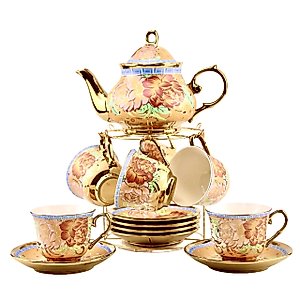 20 Pieces European Ceramic Tea Set for Adults With Metal Holder and Flower Painting (Large Cream Version)