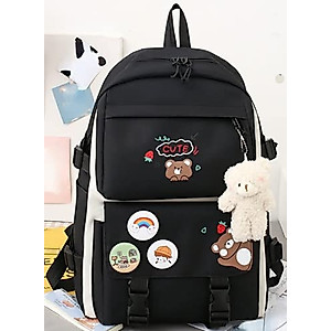 HUIHSVHA 5 PCS Kawaii Backpack Set for Teens Girls, Aesthetic School Laptop Bag Shoulder Bag Canvas Daypack with Bear Pendant
