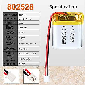 YDL 3.7V 480mAh 802528 Lipo Battery Rechargeable Lithium Polymer ion Battery Pack with PH2.0mm JST Connector