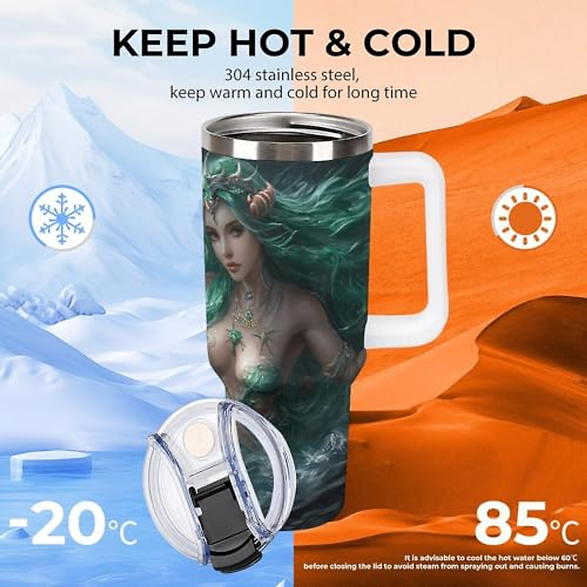 Ocean Goddess Dolphins Greek Myth 40oz Water Bottle Double Wall Insulated Tumbler with Handle Leakproof Travel Mug White-style