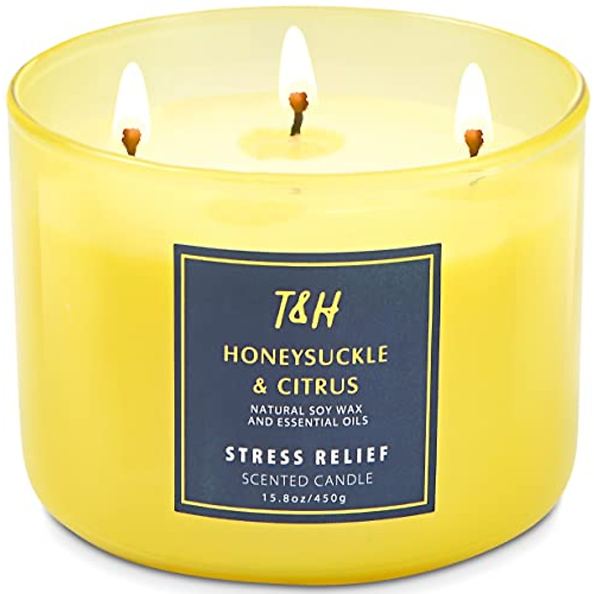 Large 3 Wick Scented Candle - Honeysuckle Citrus Stress Relief Aromatherapy Candle with Grapefruit, Mint & Rose - 15.8 oz Natural Soy Candles for Men and Women - Scented Spring Candles for Home