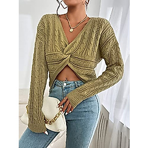 WDIRARA Women's Cable Knit Twsit Front V Neck Long Sleeve Crop Sweater Pullover Khaki L